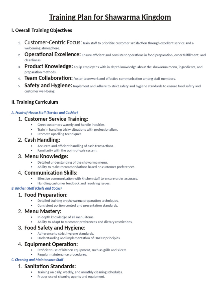 Training Plan For Shawarma Kingdom | PDF | Team Building | Menu