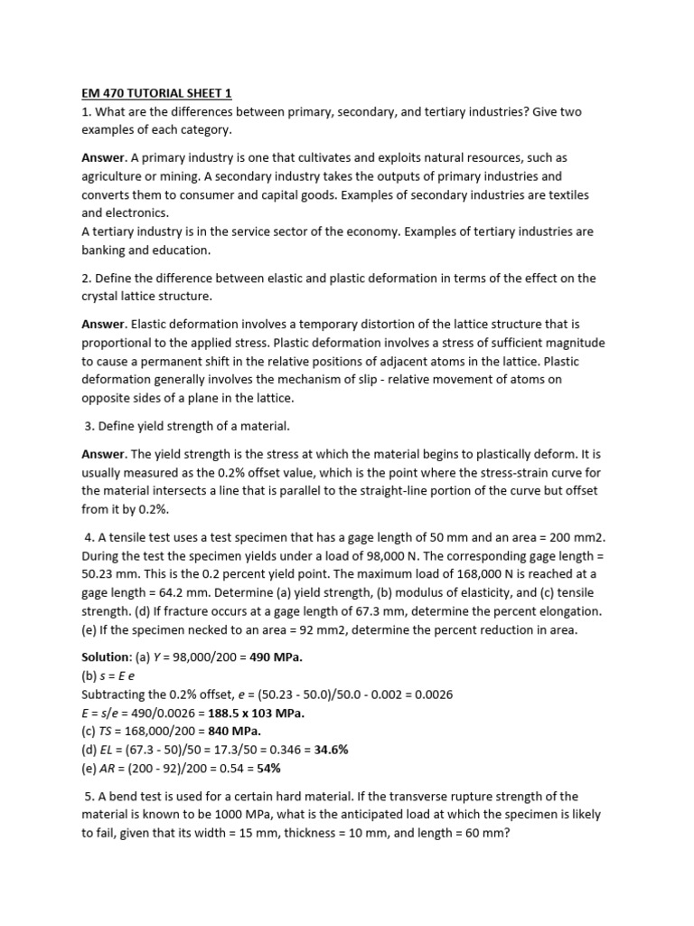 EM 470 Tutorial With Answers | PDF | Deformation (Engineering) | Yield (Engineering)
