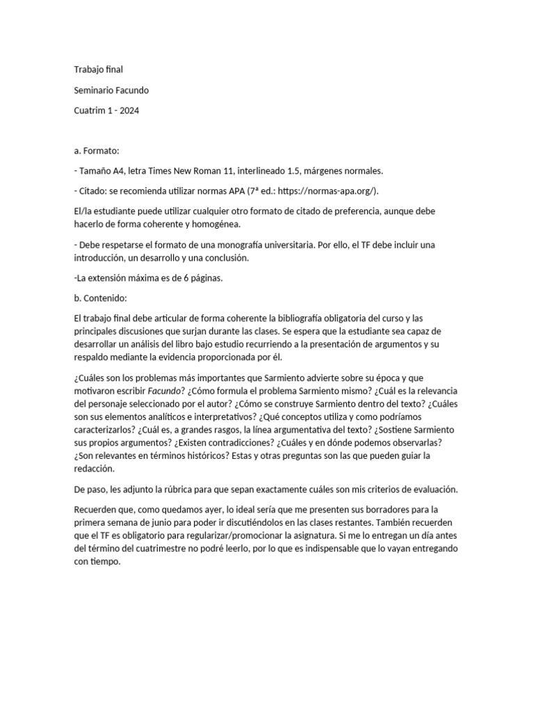 Posibles consignas de trabajo final sobre el Facundo | PDF