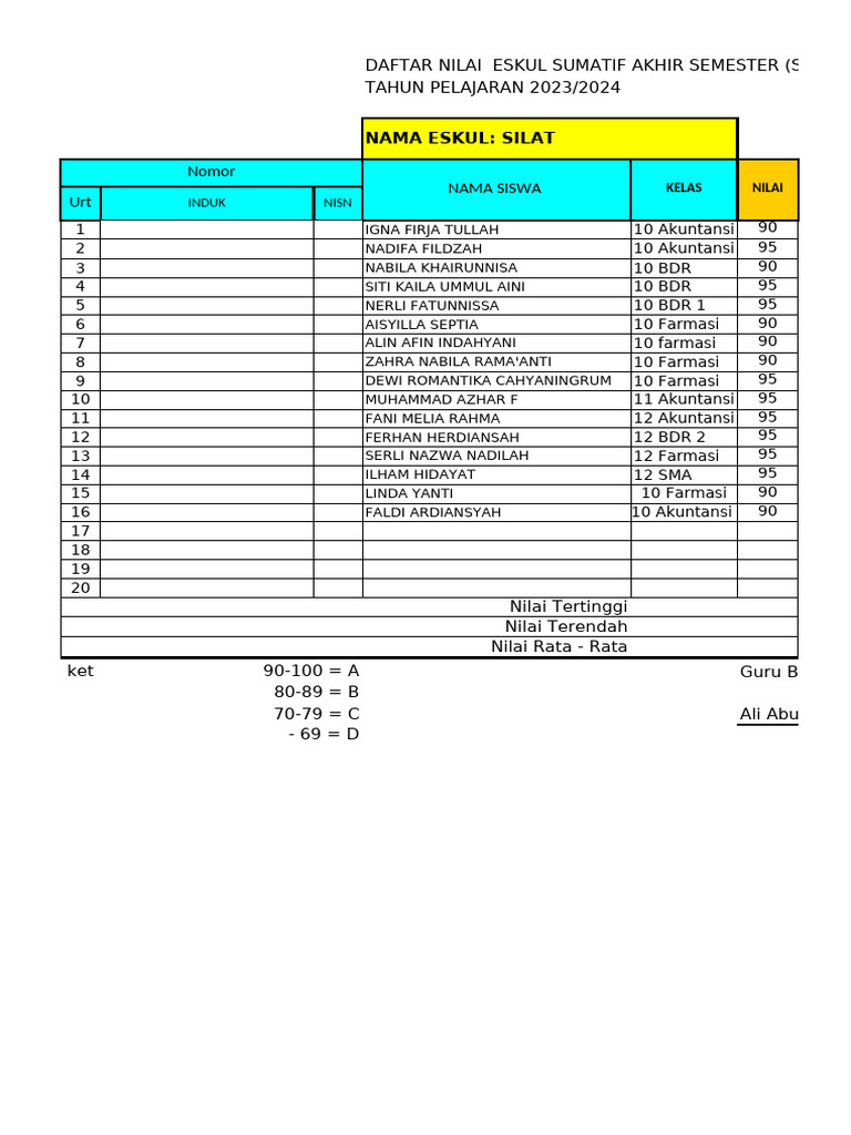Blanko Format Nilai Eskul Silat Genap 2023-2024 | PDF