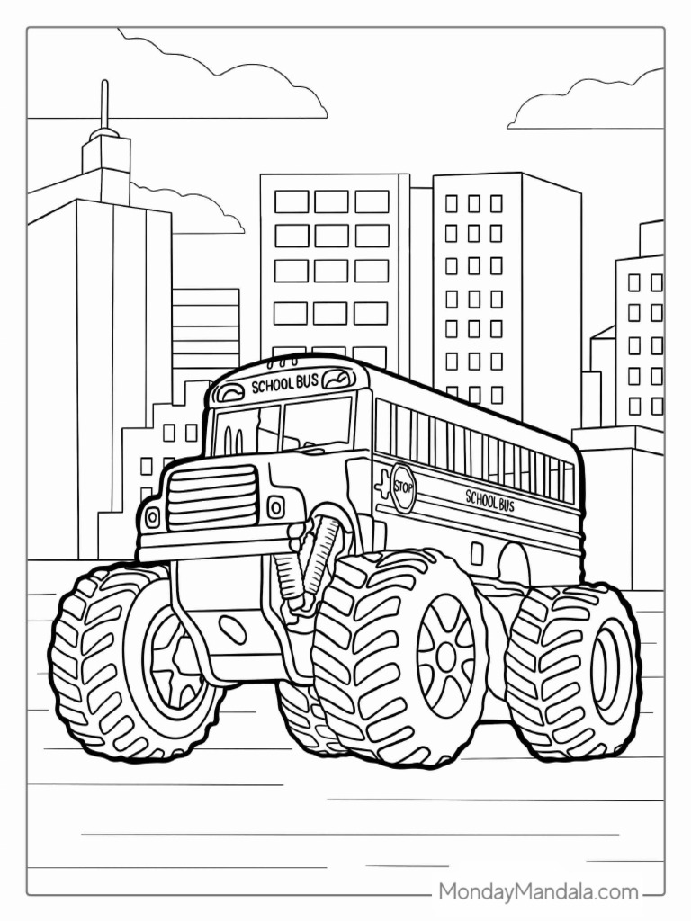 School Bus Monster Truck Coloring Page | PDF