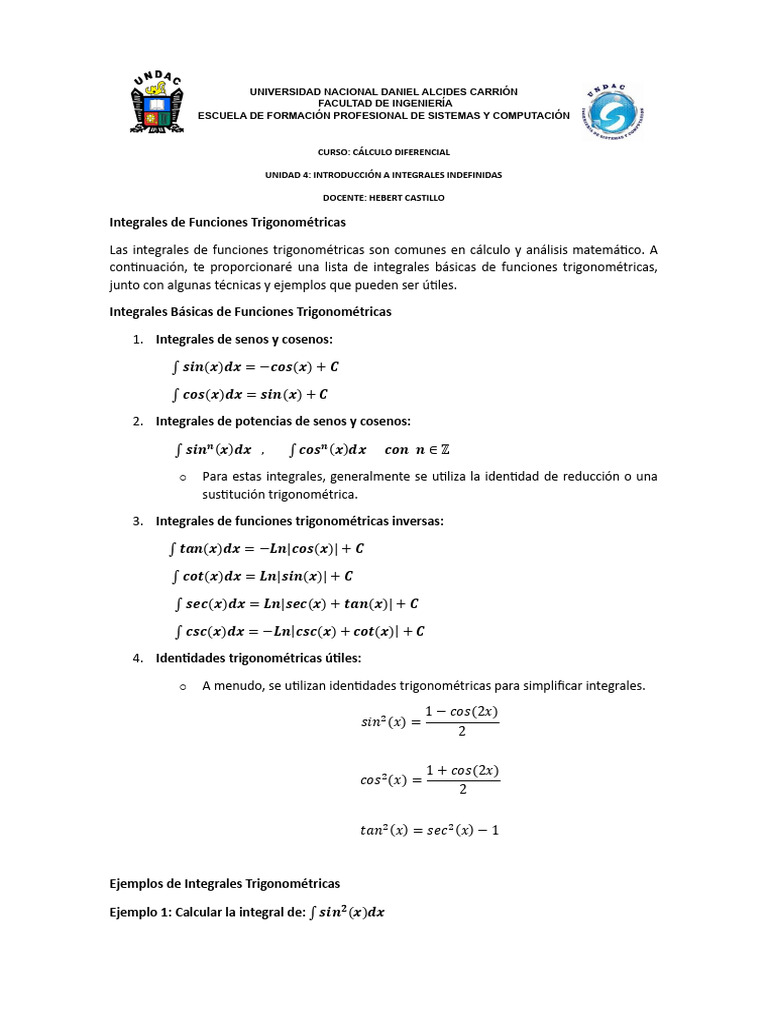 Integrales Básicas de Funciones Trigonométricas 24 | PDF ...