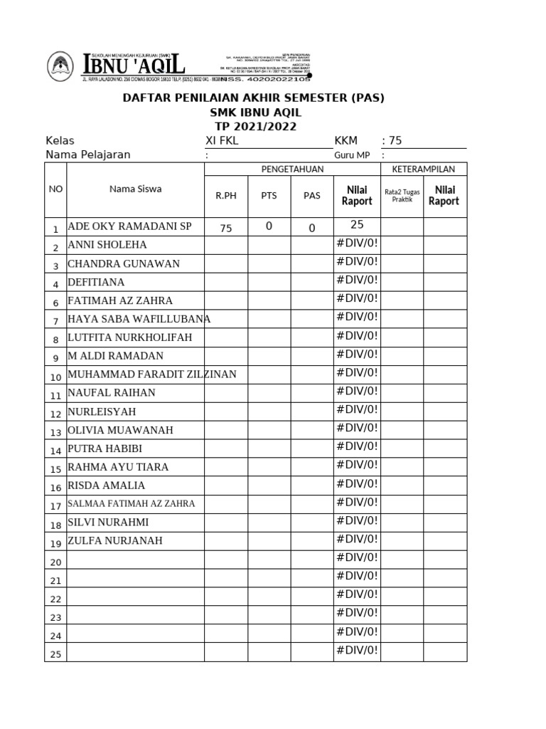 Format Nilai Raport PAT Tp. 22 Kls 10 & 11 | PDF