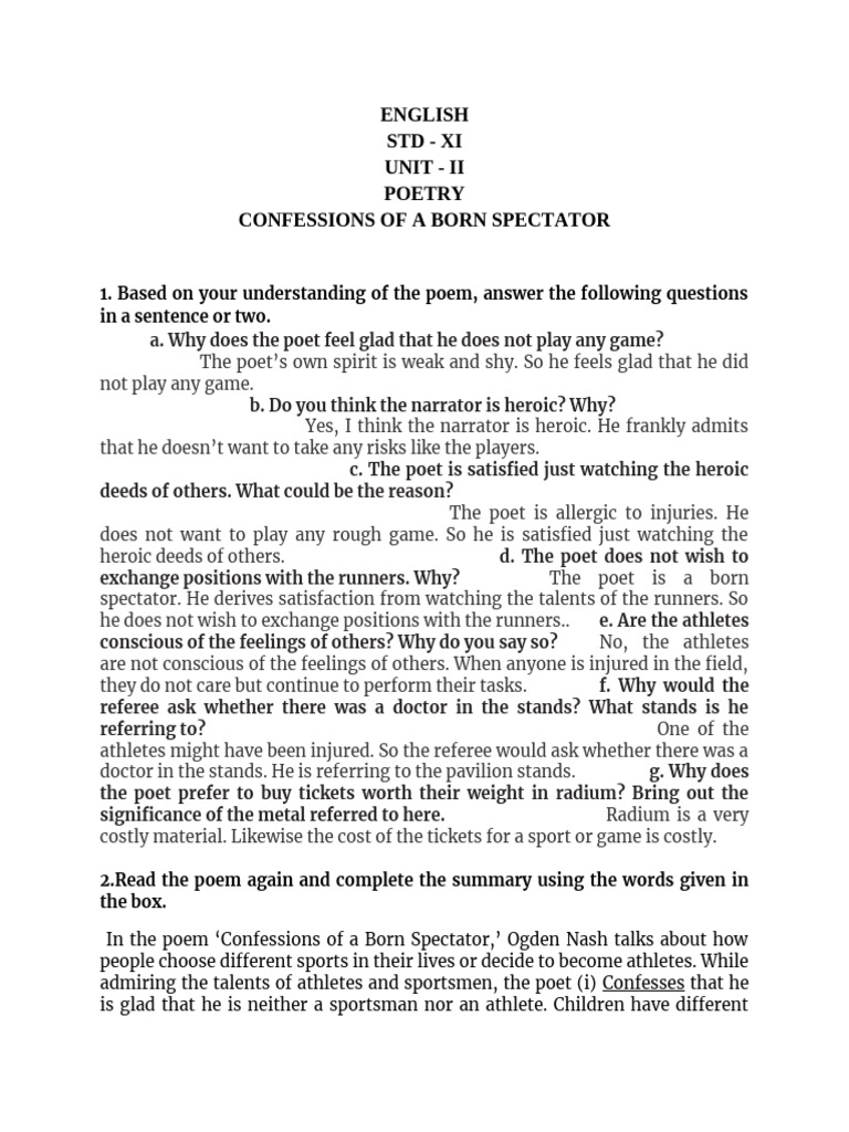 STD - Xi C&D Unit - Ii Poetry - Notes | PDF | Poetry