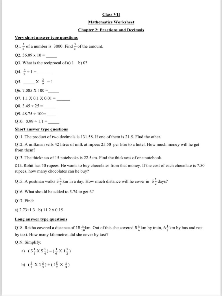 CLASS 7 Worksheet 2 (CH 2) | PDF