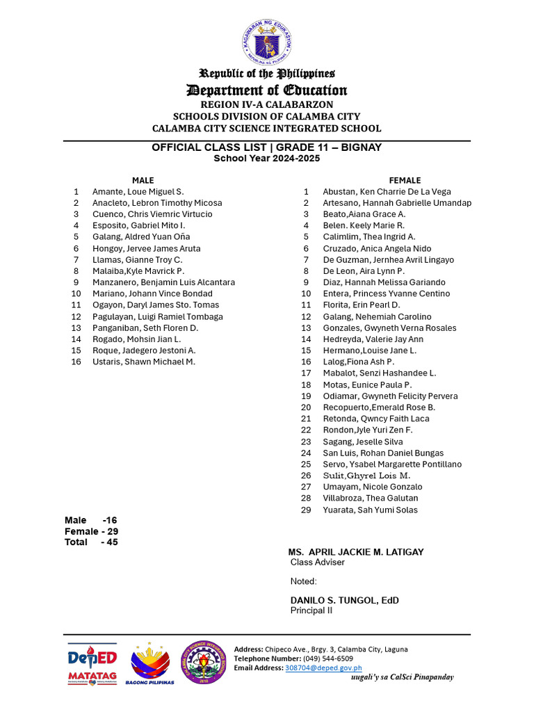 Official Grade 11 Class Lists 2024-2025 | PDF