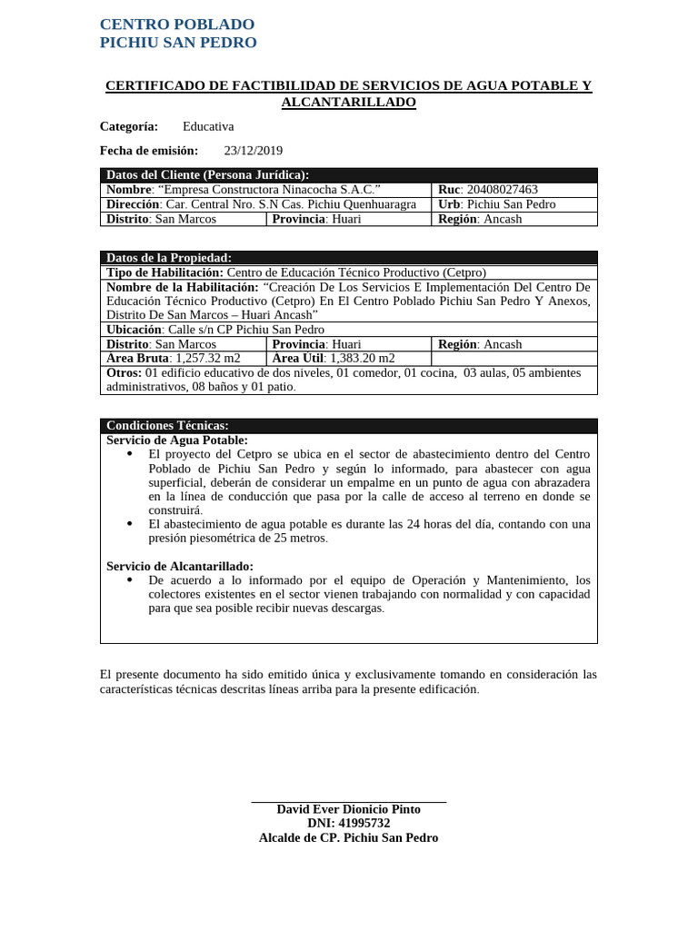 CERTIFICADO DE FACTIBILIDAD DE SERVICIOS DE AGUA POTABLE Y ... CERTIFICADO DE FACTIBILIDAD DE SERVICIOS DE AGUA POTABLE Y ...