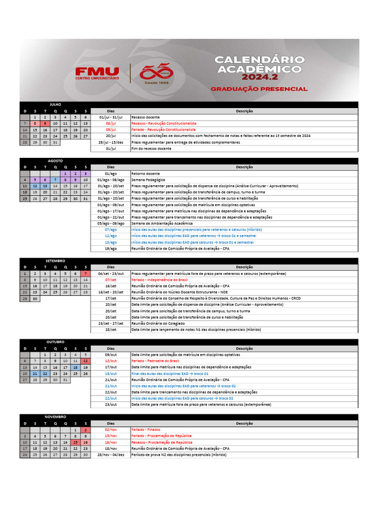 Calendario Academico Graduacao Presencial Fmu 2024 2 v002 PDF | PDF ...