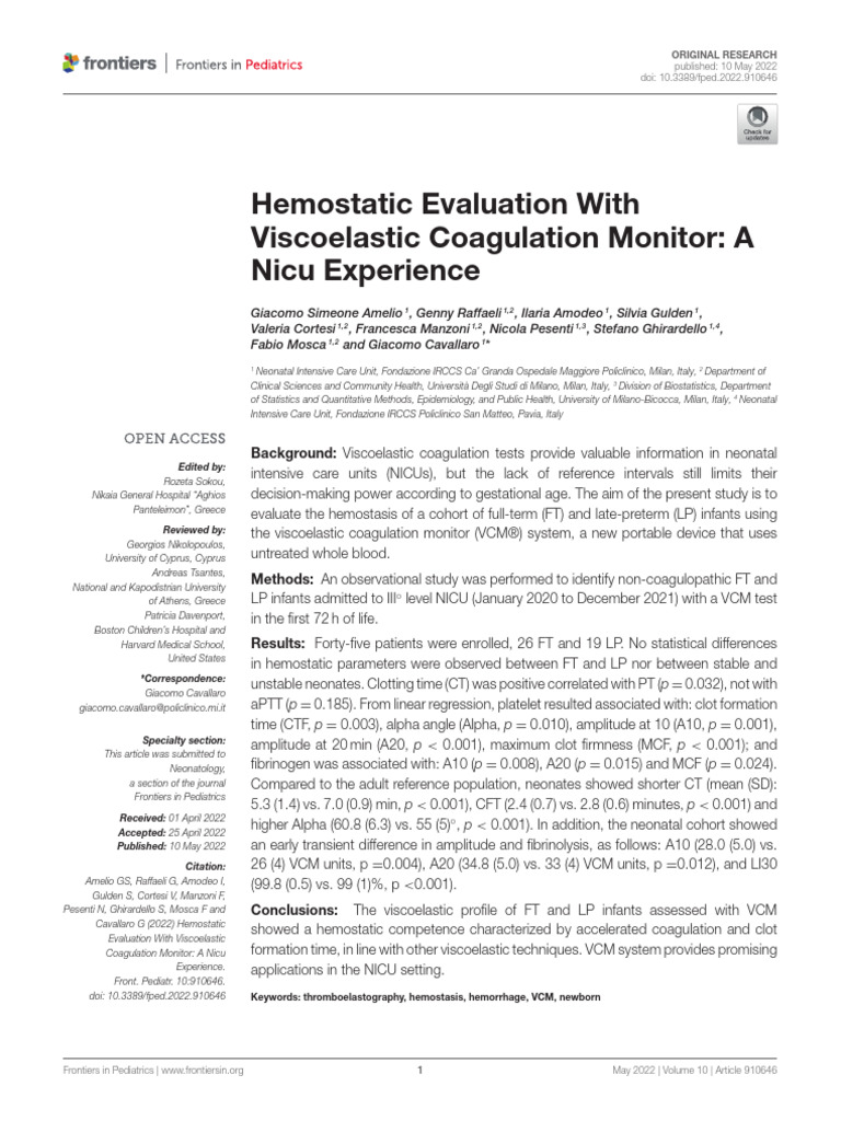 Hemostatic Evaluation With Viscoelastic Coagulation Monitor - A Nicu ...