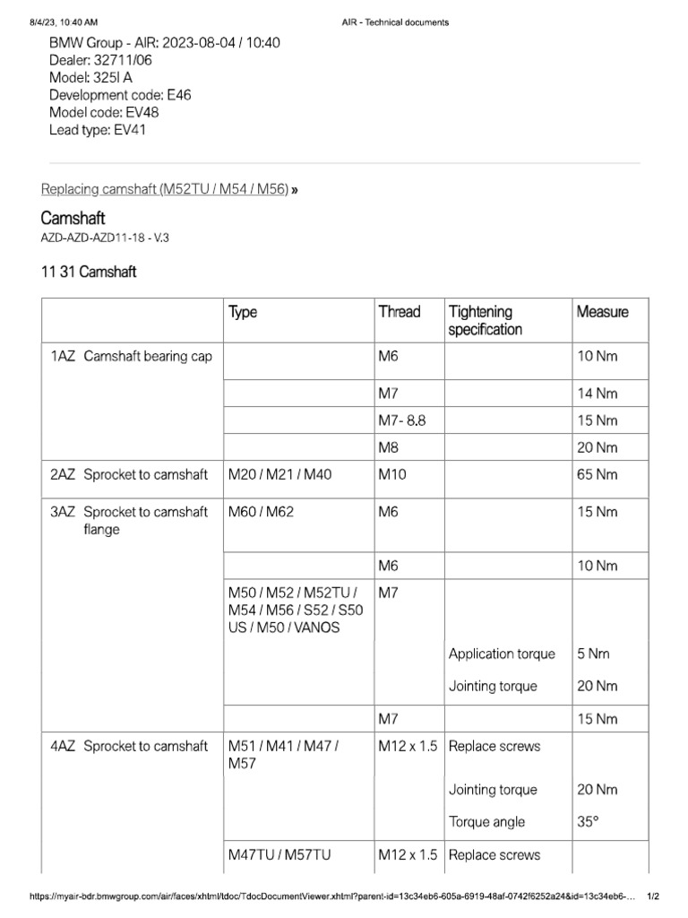 Camshaft Installation Torque | PDF