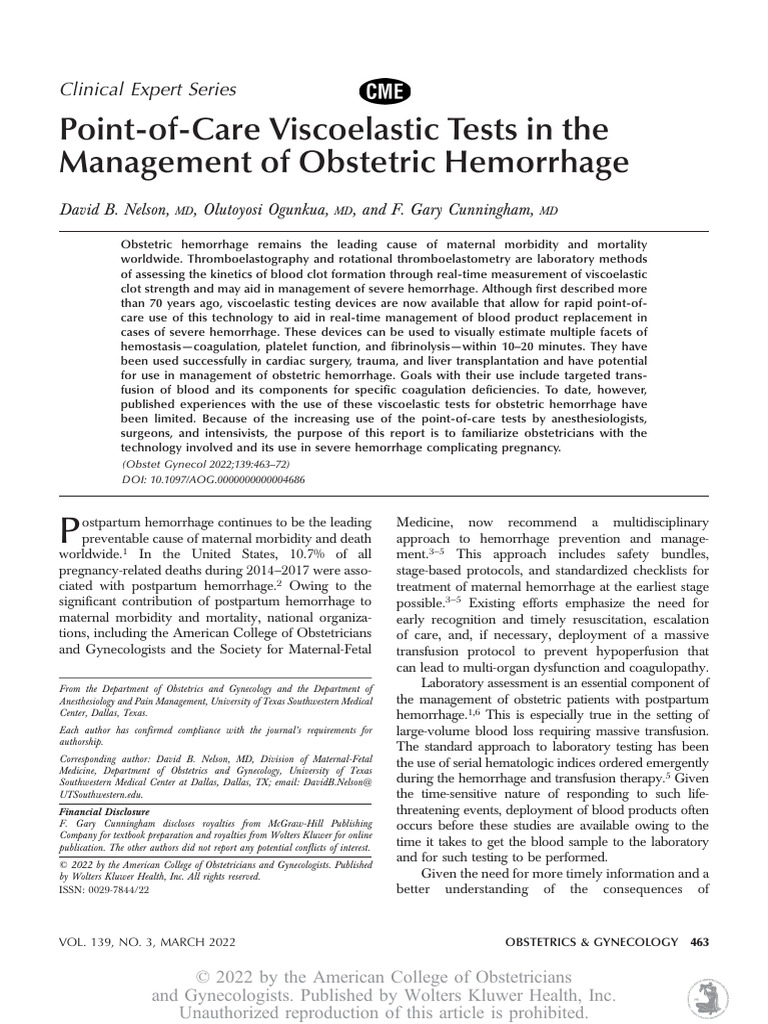 Point-of-Care Viscoelastic Tests in The Management of Obstetric ...