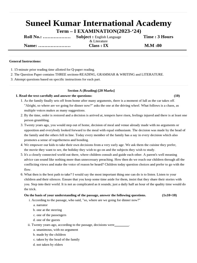 Class 9 English Paper | PDF | Tourism