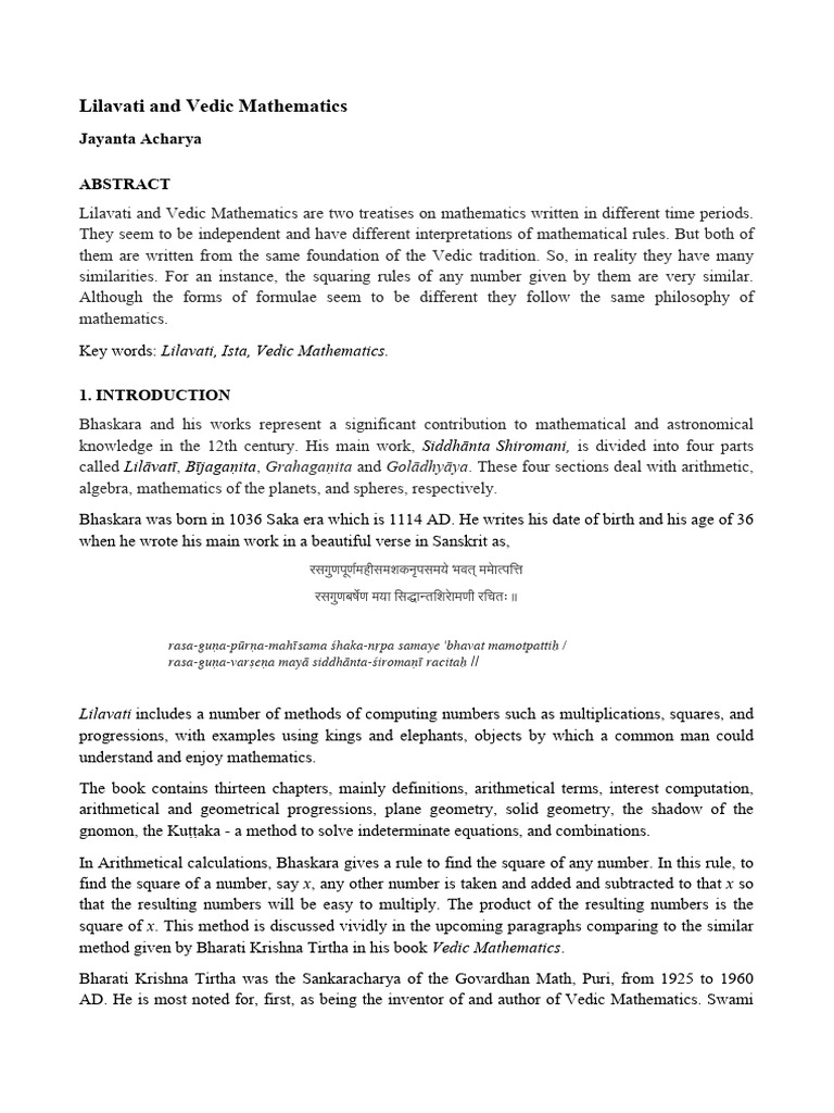 Lilavati and Vedic Mathematics: Jayanta Acharya | PDF | Mathematics