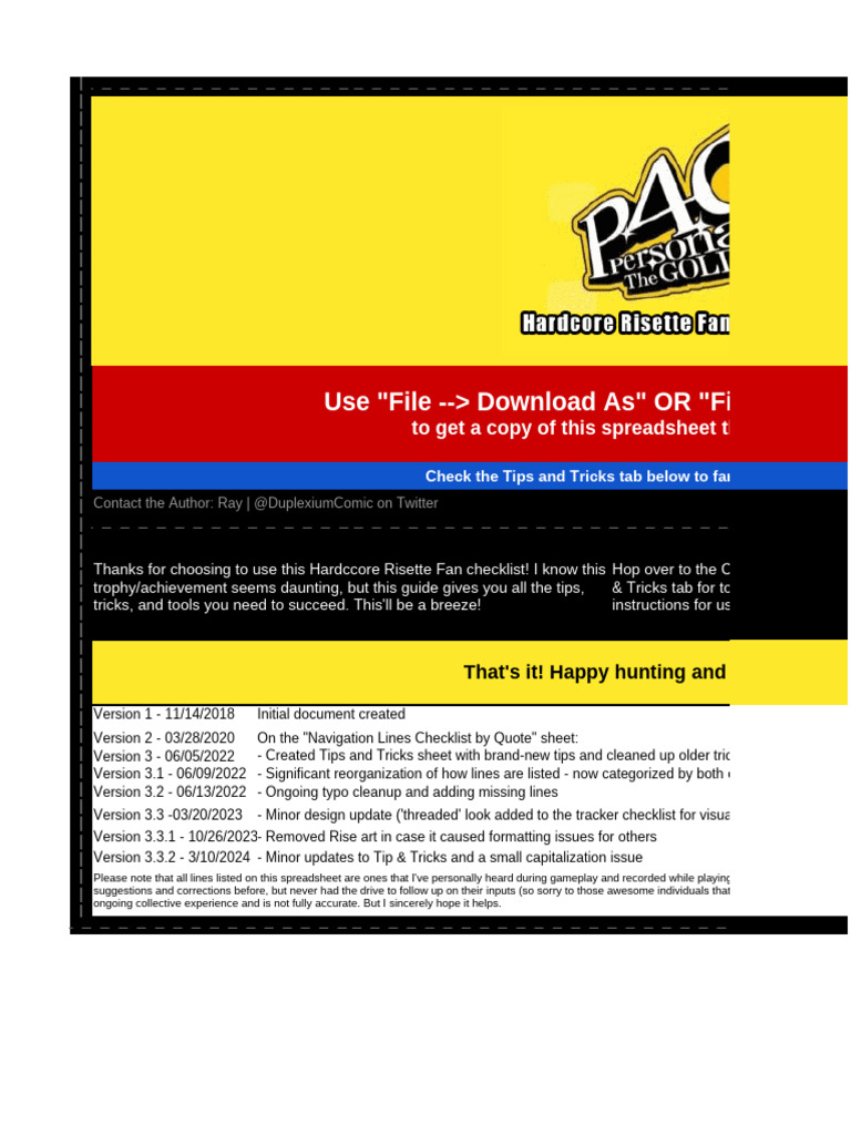 Hardcore Risette Fan Checklist & Guide - Persona 4 Golden (Spoiler-Free) | PDF