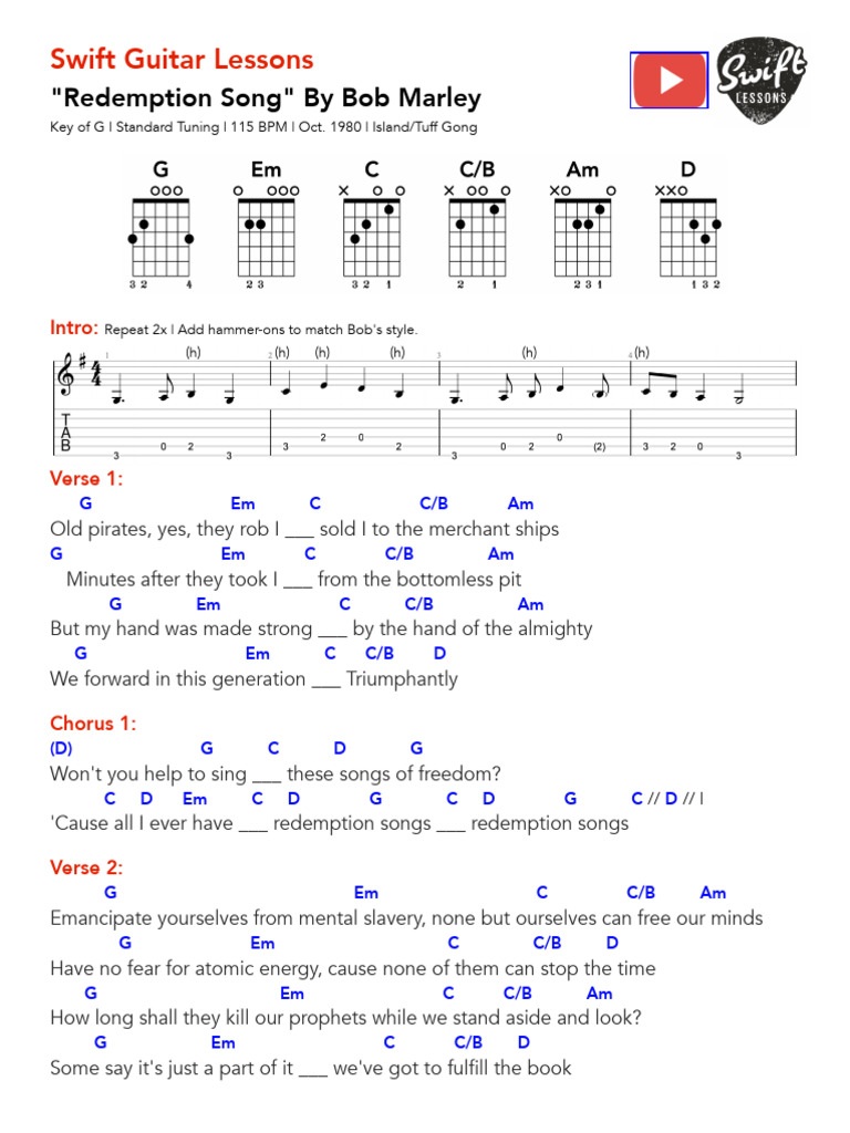 Bob Marley - Redemption Song - Chords & Tabs | PDF | Song Structure | Songs