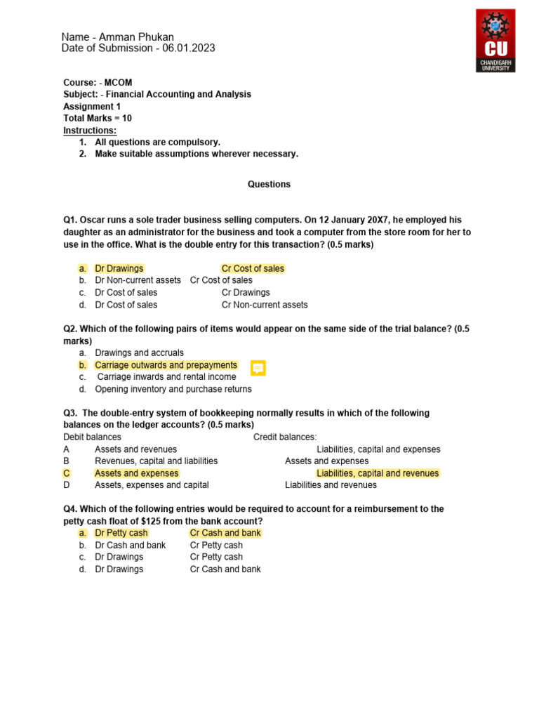Financial Accounting and Analysis Assignment 2 | PDF | Debits And ...