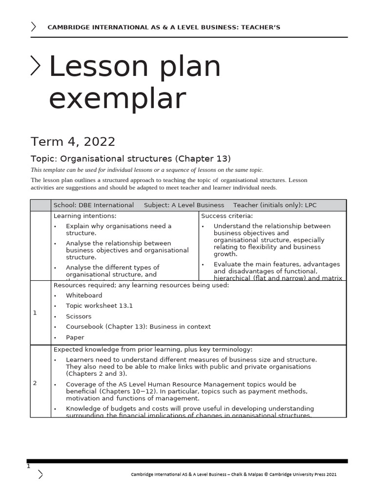 Organisational Structures Lesson Plan | PDF | Organizational Structure ...