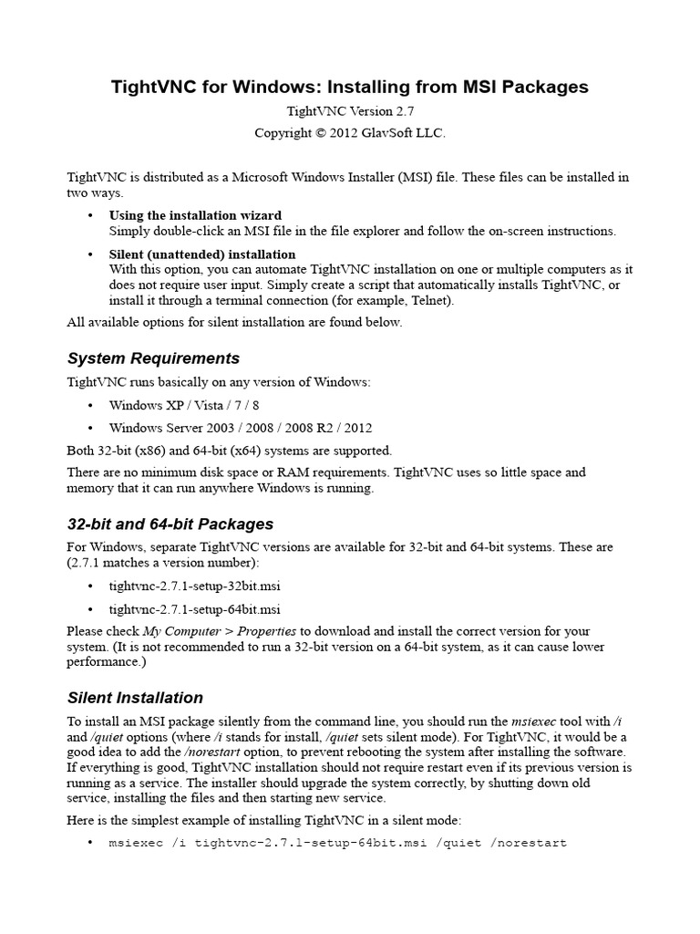TightVNC 2.7 For Windows Installing From MSI Packages | PDF | Microsoft Windows | Installation ...