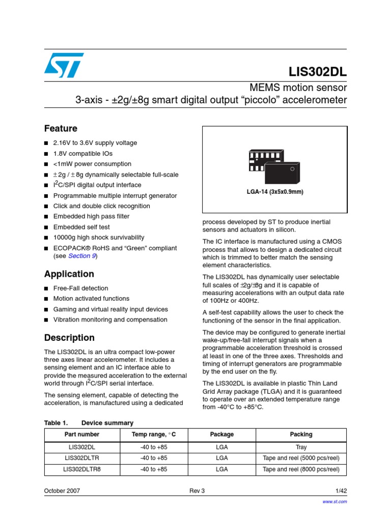 LIS302DL: MEMS Motion Sensor 3-Axis - 2g/ 8g Smart Digital Output "Piccolo" Accelerometer | PDF