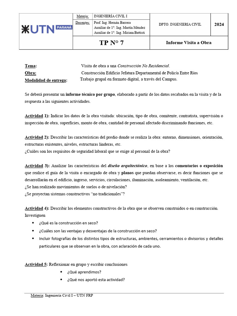 2024-TP07-Informe de Visita de Obra Jefatura Departamental PER | PDF | Ingeniero civil | Ingeniería
