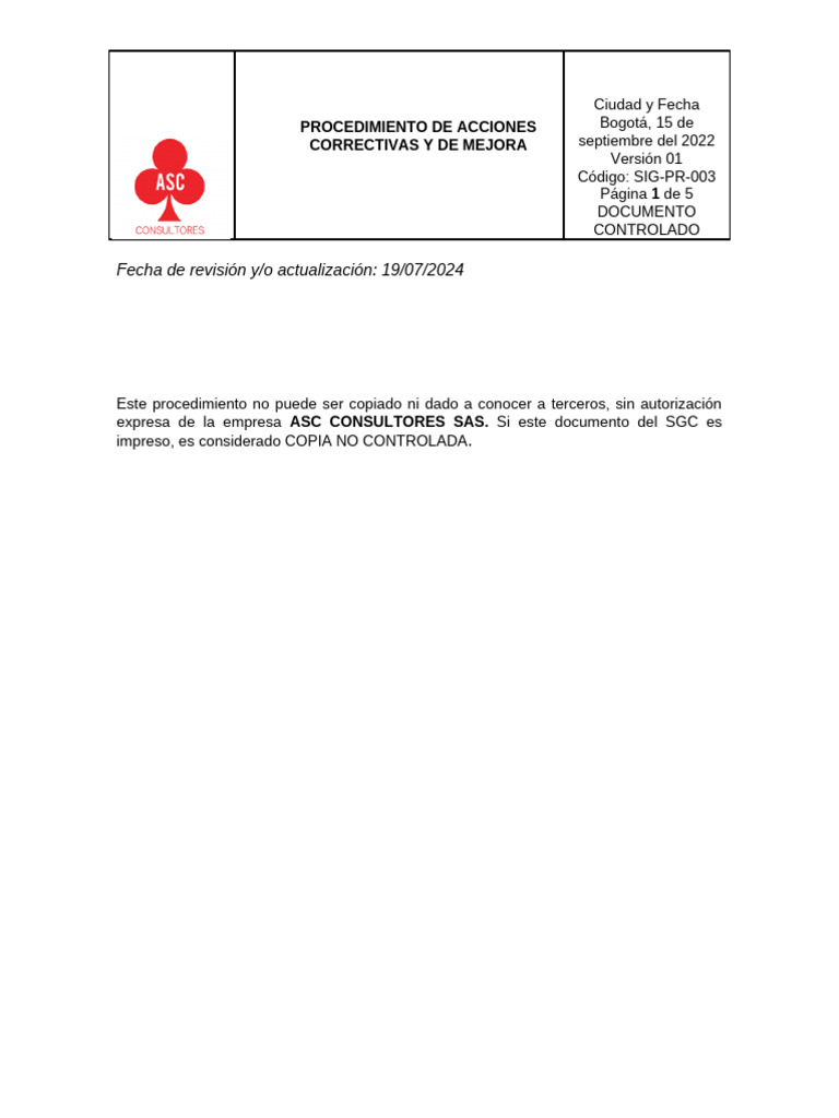 SIG-PR-003 PROCEDIMIENTO DE ACCIONES CORRECTIVAS Y DE MEJORA | PDF ...