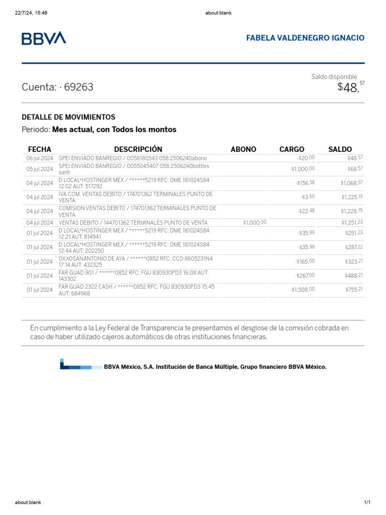 Movimientos Bbva 7-22-2024 | PDF | Servicios financieros