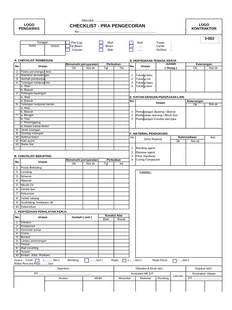 Form Check List Pra Pengecoran | PDF