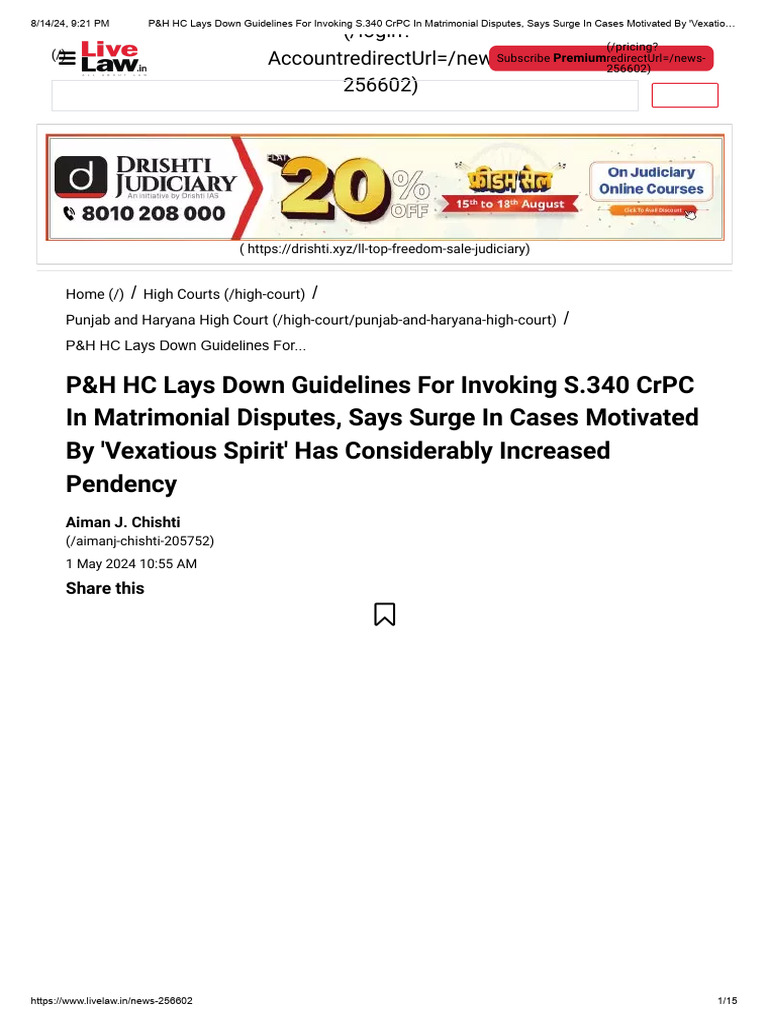 Not Full - P&H HC Lays Down Guidelines For Invoking S.340 CRPC in ...