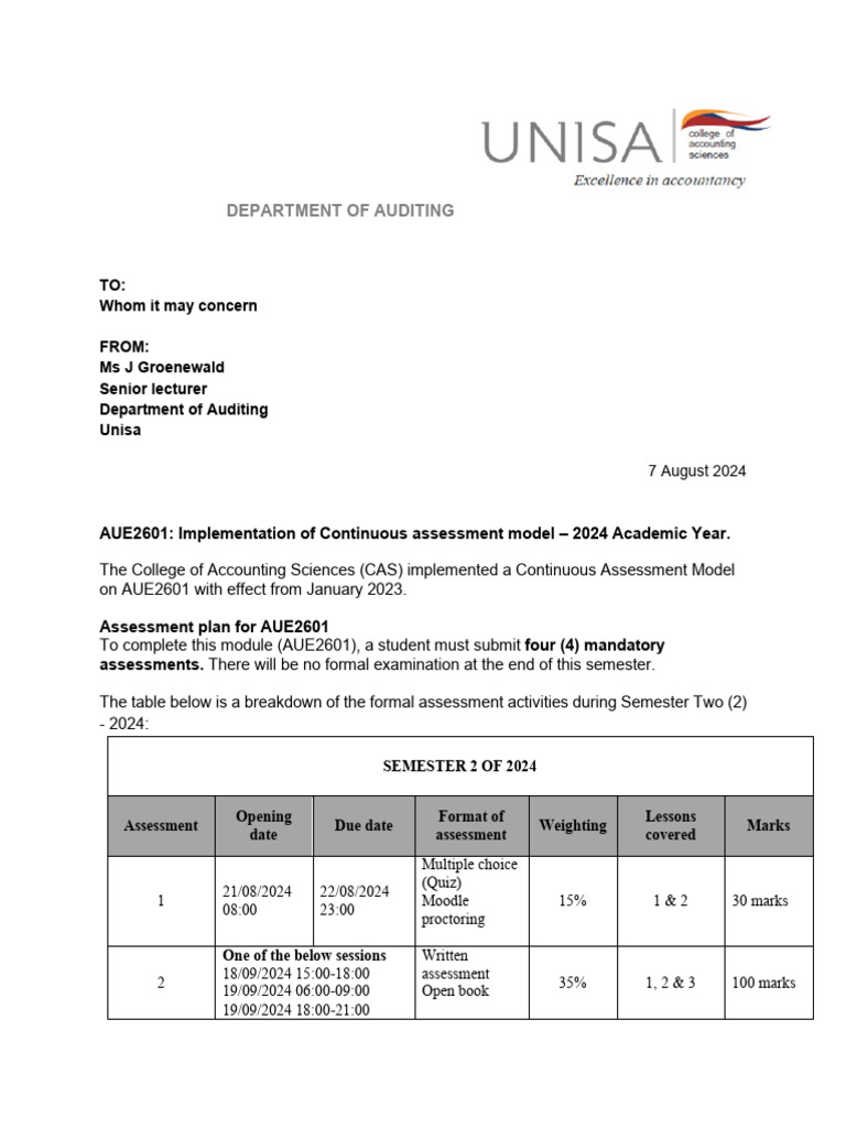 AUE2601 - Letter With Assessment Dates - Continuous Assessment | PDF