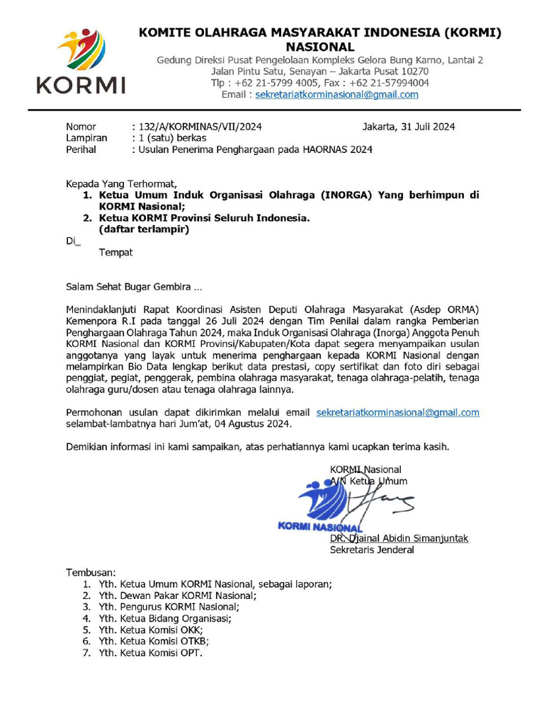 Surat Kepada Inorga Dan KORMI Provinsi Usulan Penerima Penghargaan ...