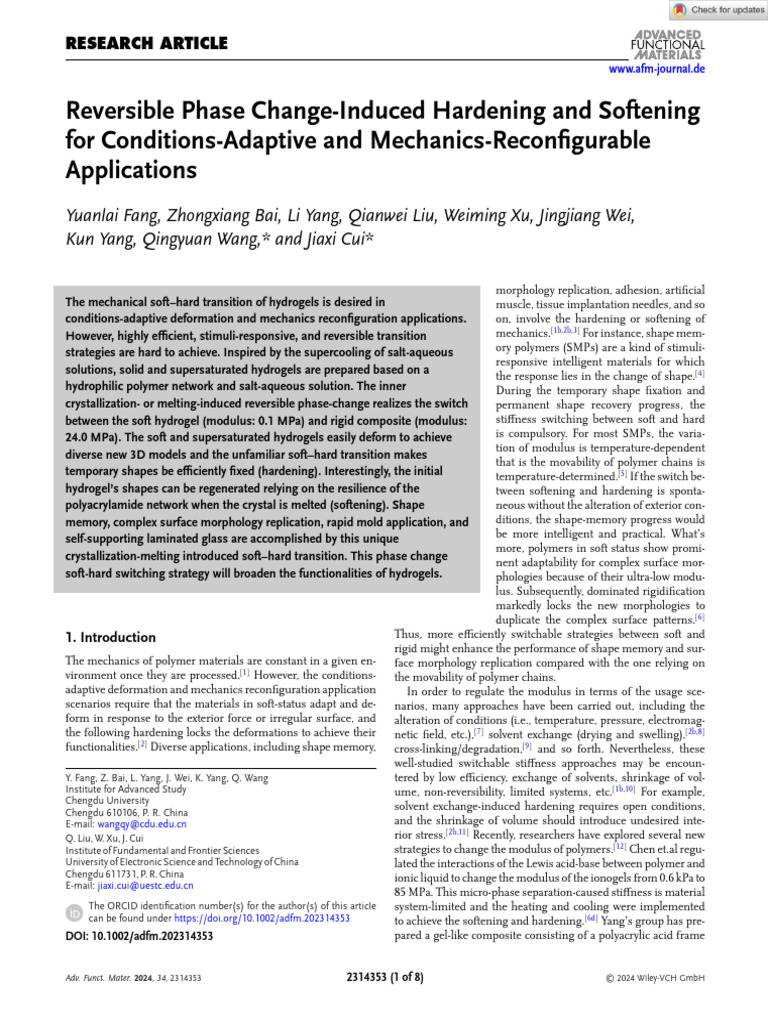 Adv Funct Materials - 2024 - Fang - Reversible Phase Change‐Induced Hardening and Softening for ...
