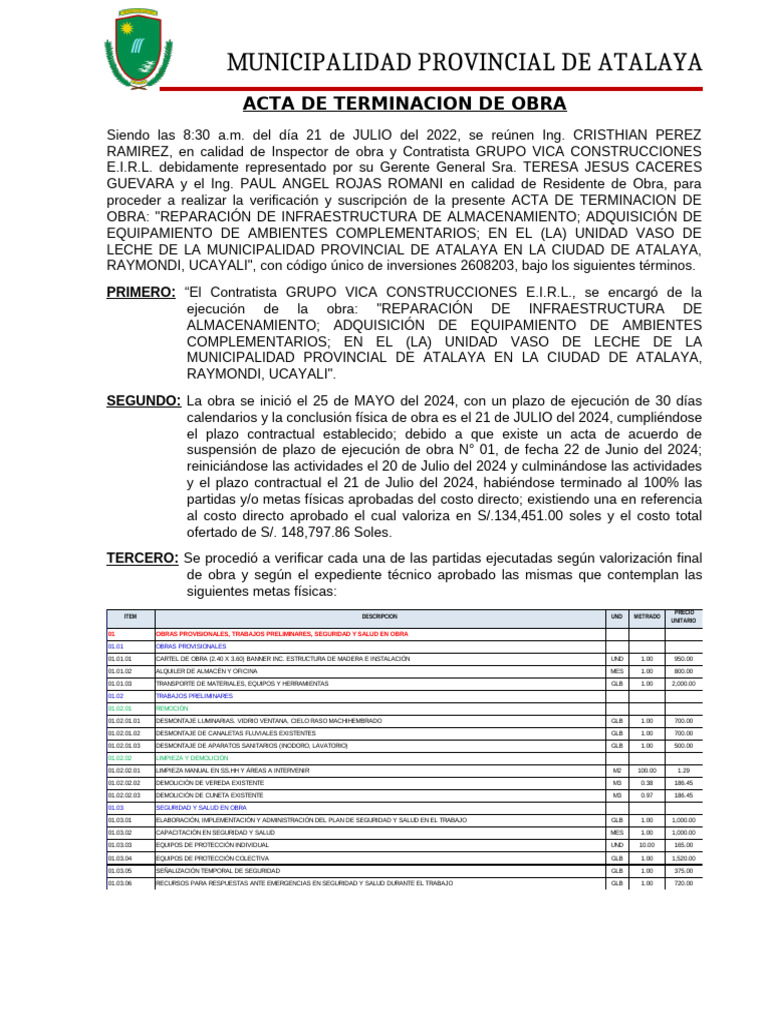 Acta de Terminacion de Obra | PDF | Hormigón | edificio