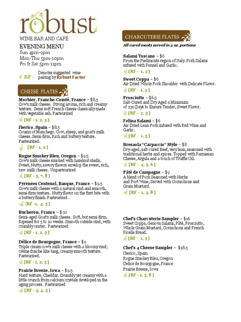 Robust Wine Bar Dinner Menu | PDF | Salad | Desserts