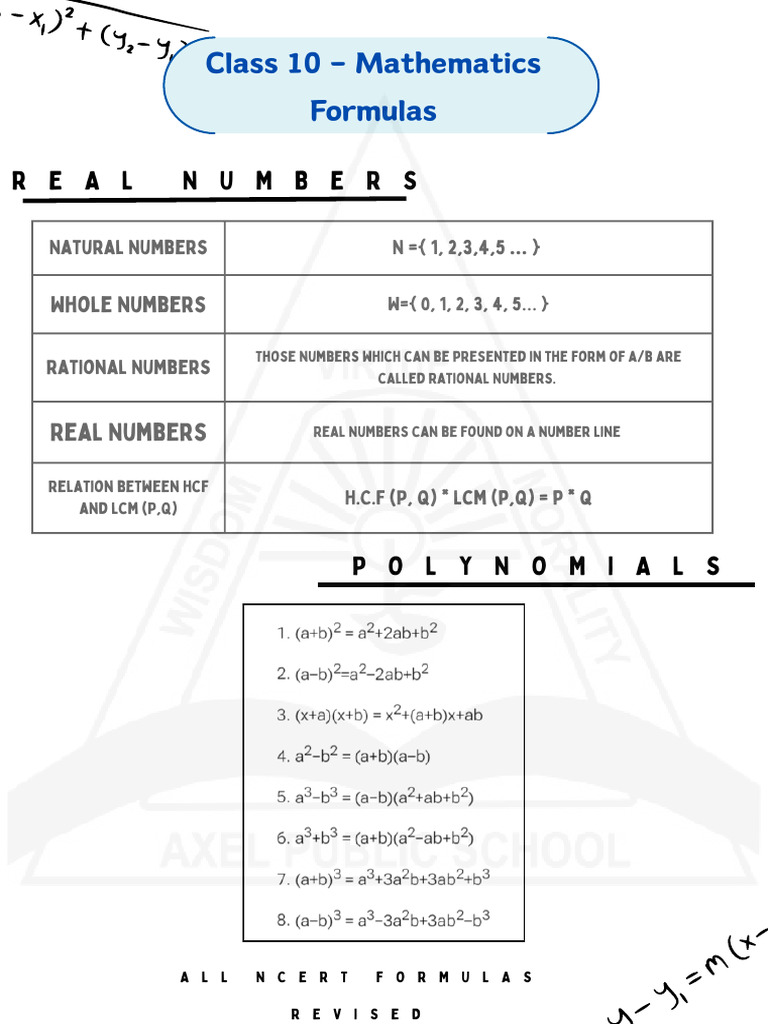 Class 10 Mathematics Formulas | PDF | Equations | Abstract Algebra