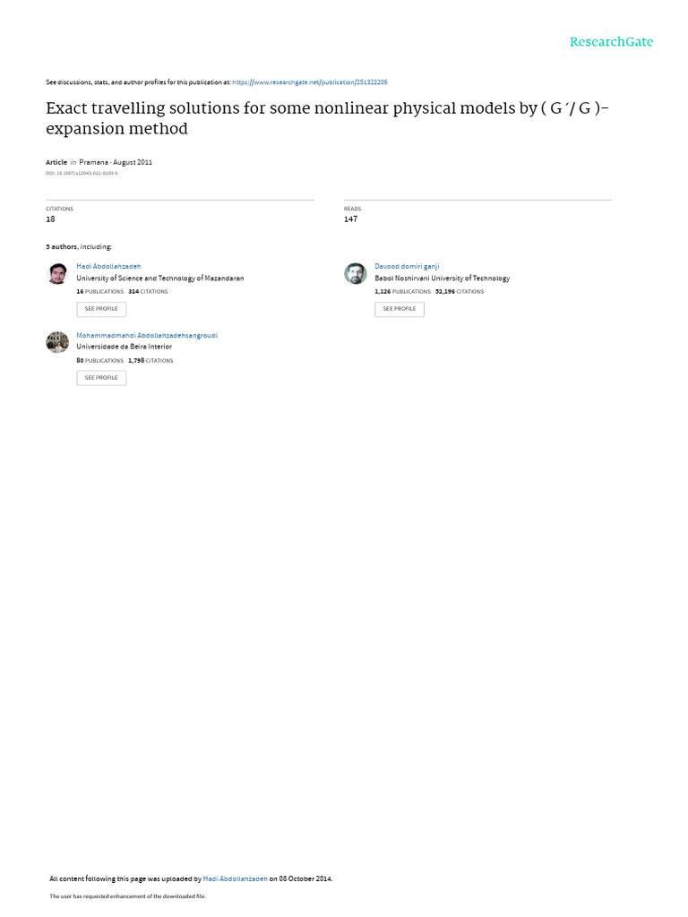 Exact Travelling Solutions For Some Nonlinear Physical Models by (G / G ...