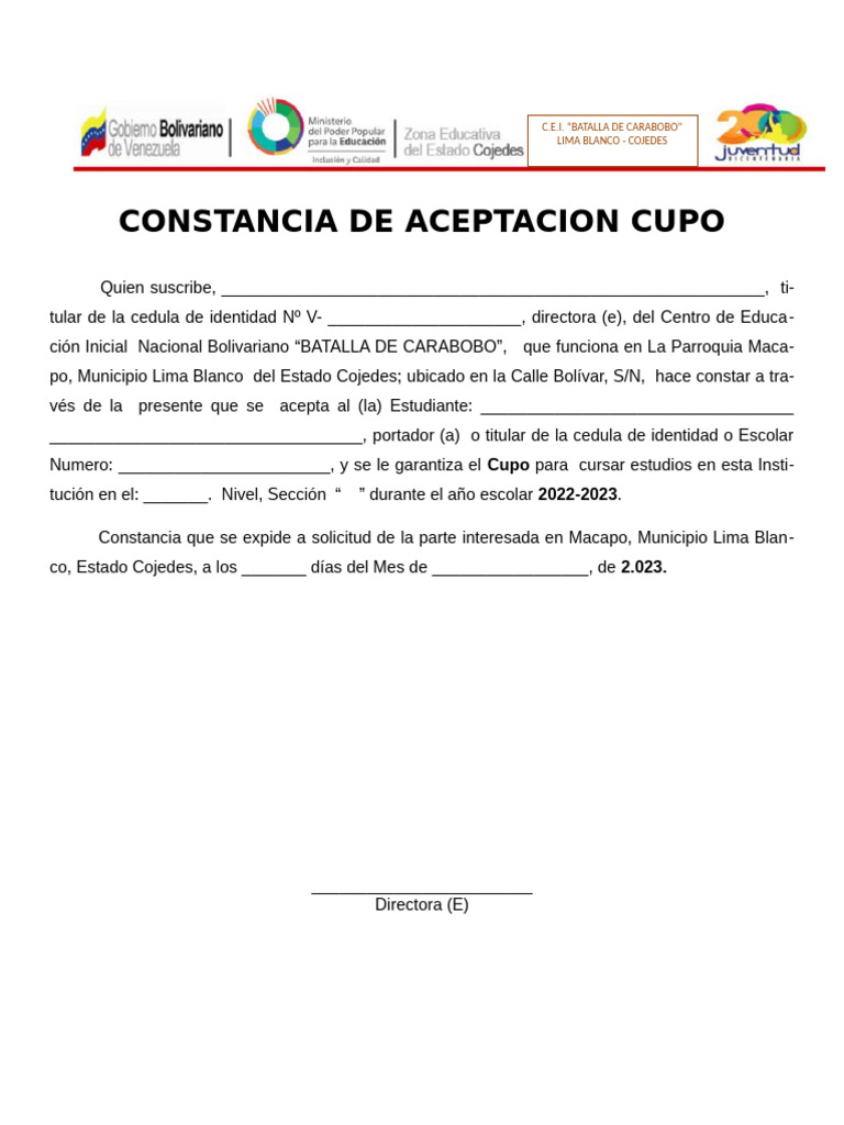 ACEPTACION CUPO Batalla de Carabobo | PDF | Instituciones sociales