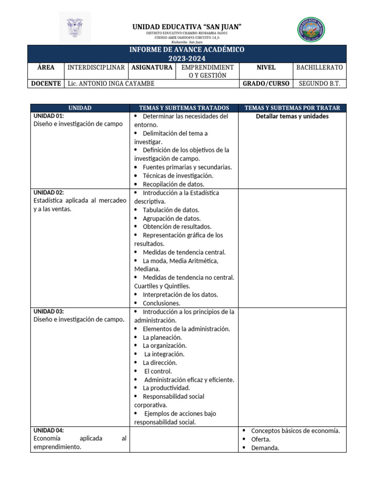 Informe de Avance Academico 2023-2024 | PDF | Estadísticas | Ciencias económicas