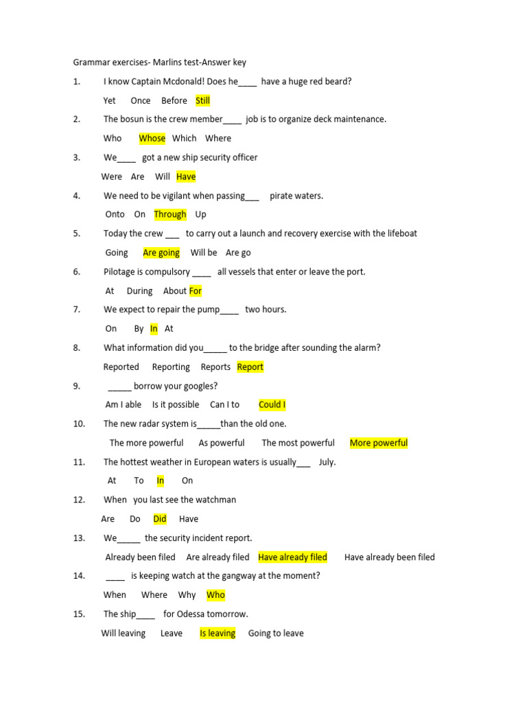 Grammar Exercises Answer Key for Marlins Test | PDF | Ships | Marine ...
