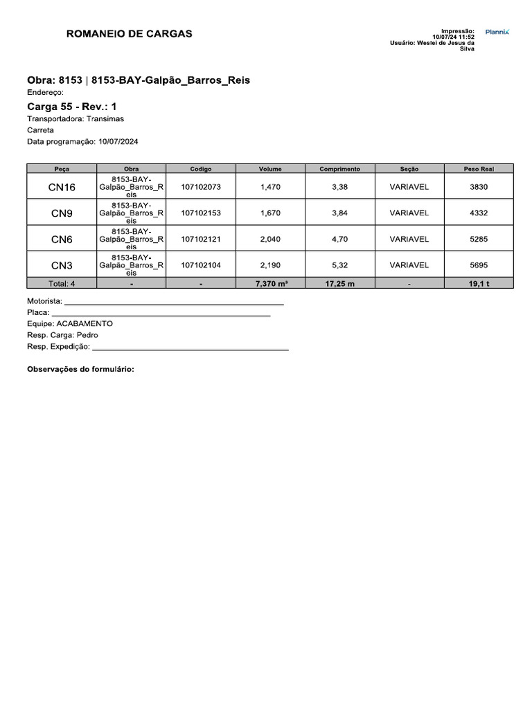 Carga 55 BAY-1 ROMANEIO | PDF