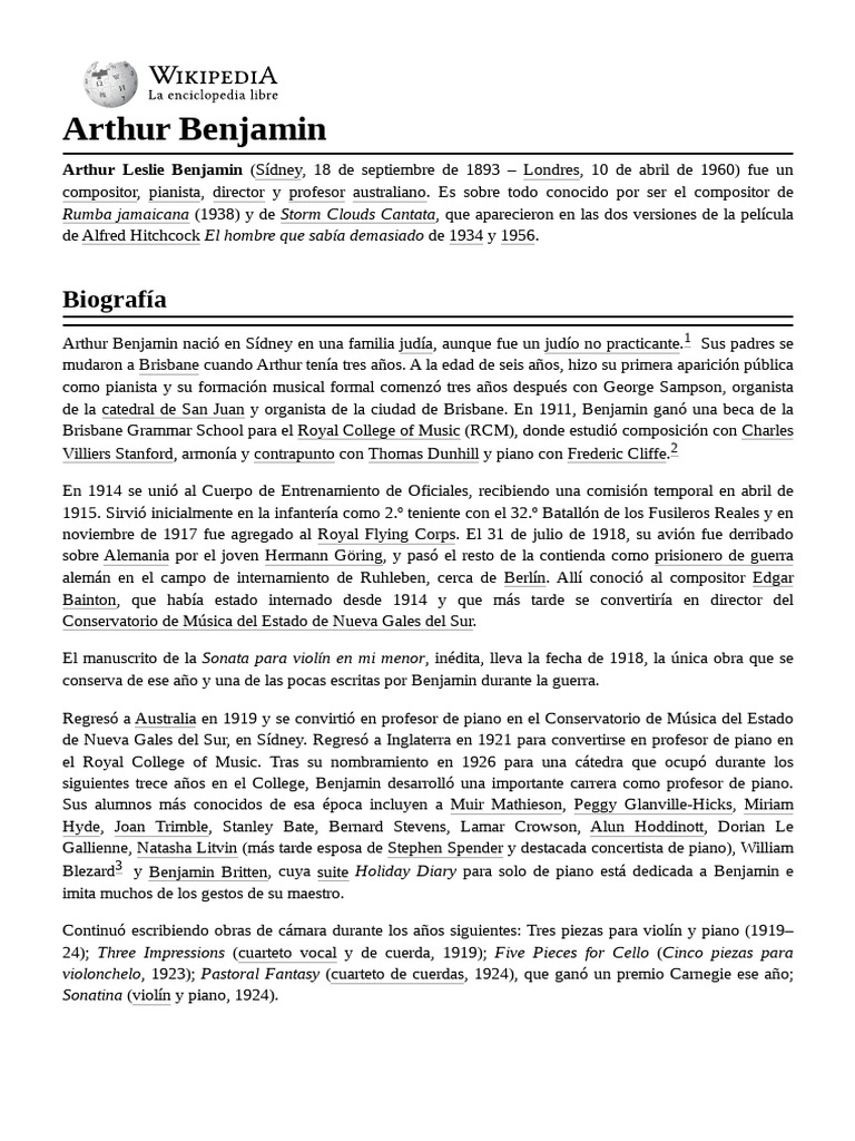 Biografía de Arthur Benjamin, compositor australiano | PDF ...