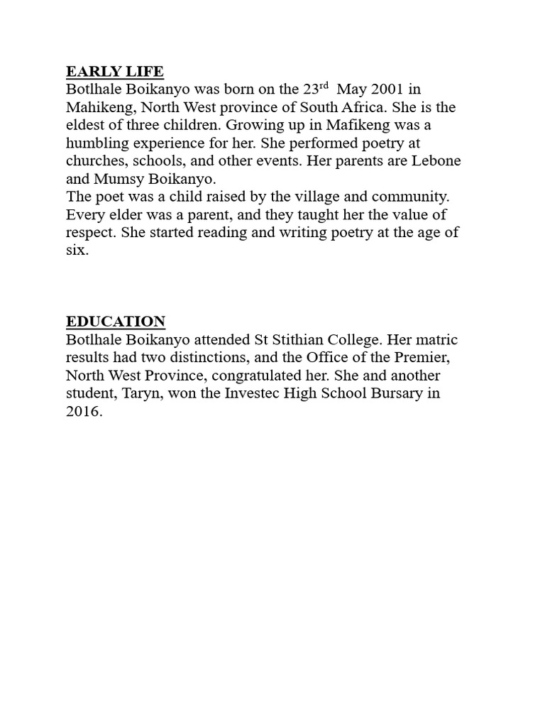 BOTLHALE BOIKANYO - BIO | PDF | Poetry