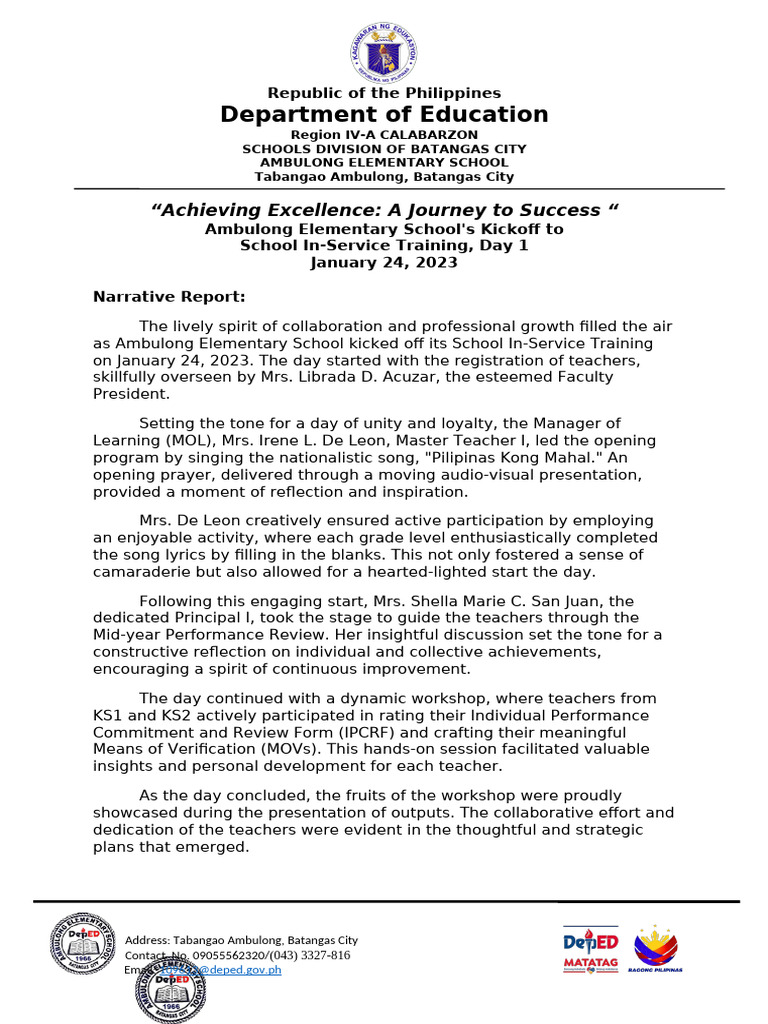 Narrative Report On INSET Day 1 - January 24 2024 | PDF | Teachers ...