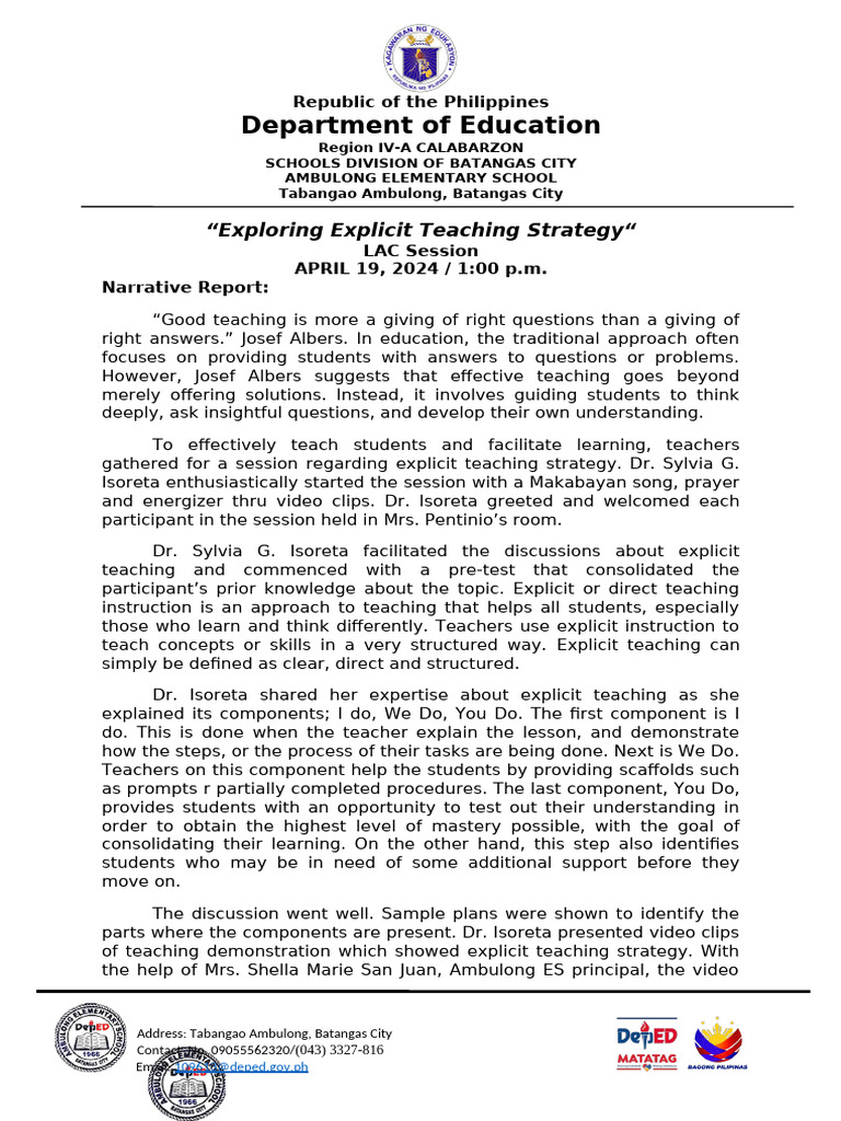 Narrative-Report-Explicit Teaching | PDF | Teachers | Pedagogy