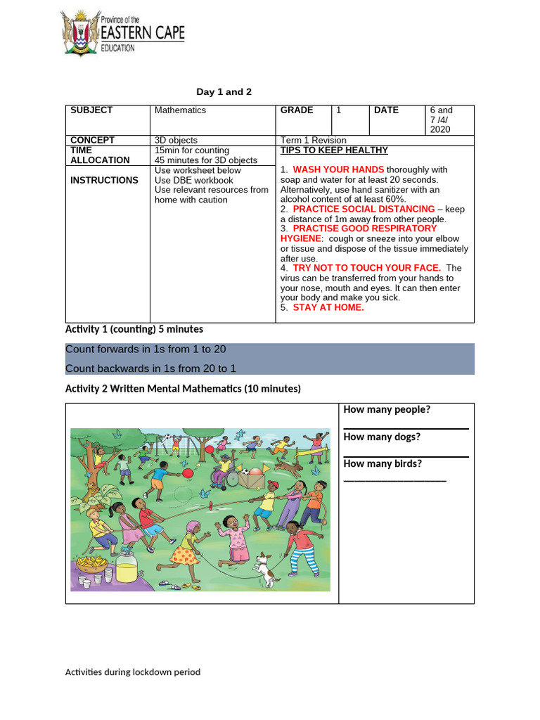 Maths Grade 1 Term 1 Worksheets Revision | PDF | Hygiene
