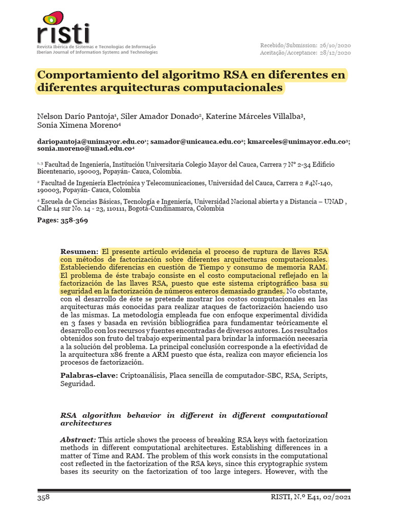 Comportamiento Del Algoritmo RSA | PDF | Clave (criptografía) | Microprocesador