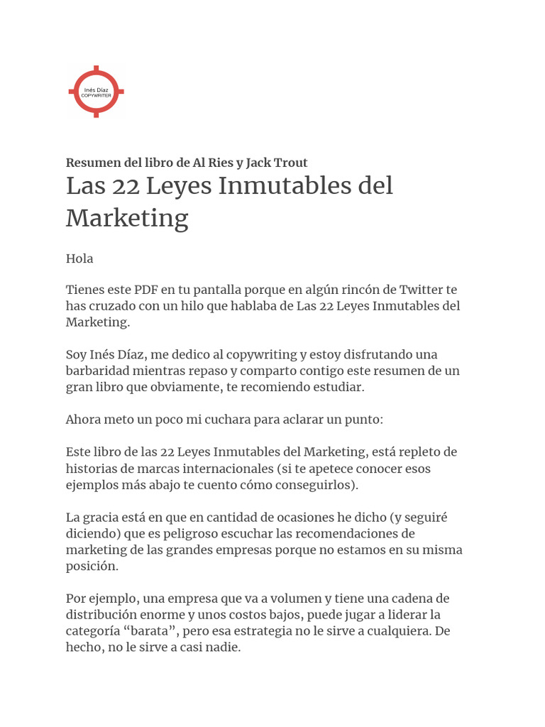 Resumen Las 22 Leyes Inmutables Del Markting 1 | PDF | Marketing | Promoción y comunicaciones de ...