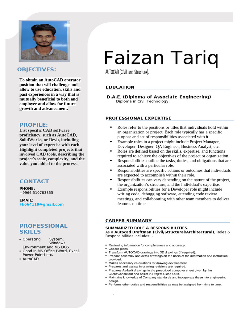 Draftman Resume. (Faizan Traique) | PDF | Technical Drawing | Auto Cad