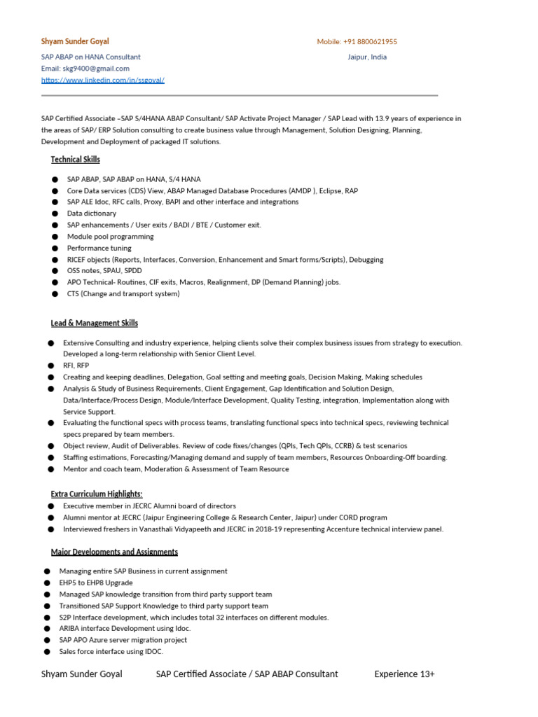 Shyam Sunder Goyal SAP ABAP On HANA Consultant | PDF | Computing | Information Technology