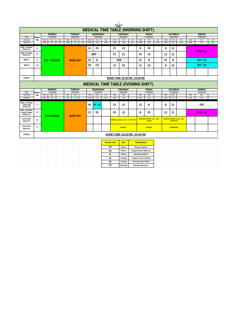 Medical - Time Table - 2024-25 | PDF