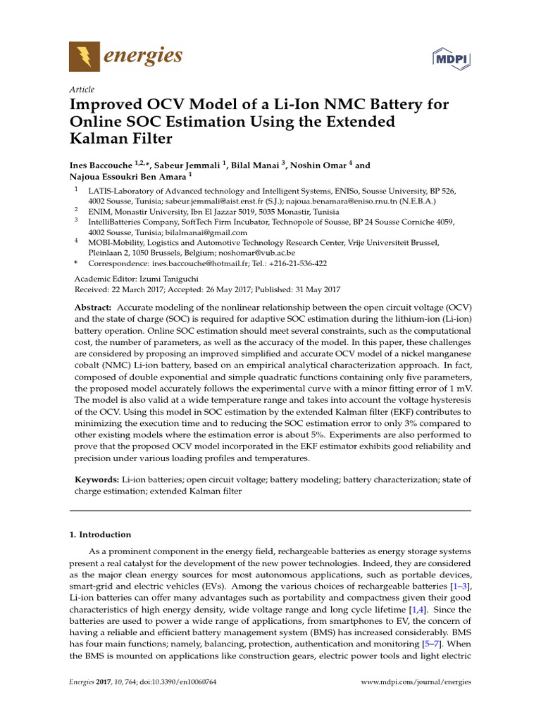 Improved OCV Model of A Li-Ion NMC Battery For Onl | PDF | Kalman ...